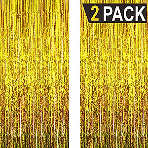 GOER 6.4 ft x 9.8 ft Metallic Tinsel Foil Fringe Curtains,Pack of 2 Party Streamer Backdrop for Birthday,Graduation Decorations and New Year Eve (Gold)