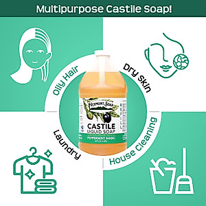 Vermont Castile Soap Peppermint, Gentle Liquid Soap for Sensitive Skin & Natural Body Wash, Organic Hair Shampoo for Oily Hair, Aloe Castile Soap for Men & Women - 64 Oz