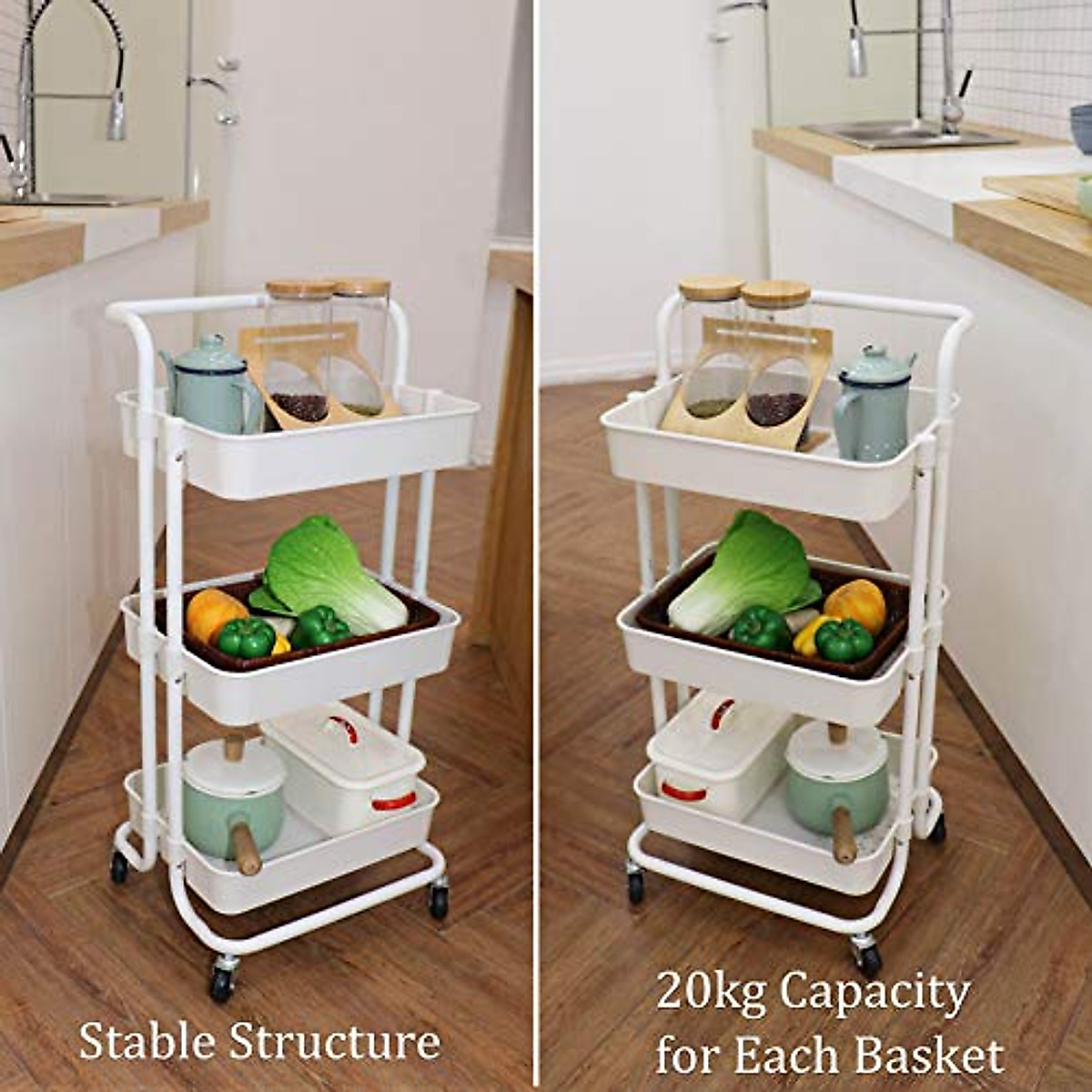 Piowio 3 Tier Utility Rolling Cart Multifunction Organizer Shelf Storage Cart with 3 Pieces Cups and 8 Pieces Hooks for Home Kitchen Bathroom Laundry Room Office Store etc. (White)