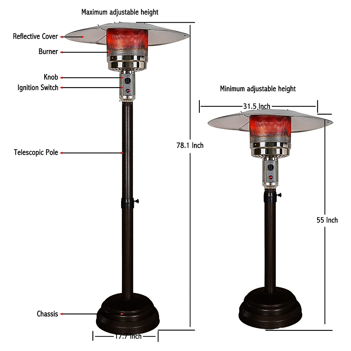 HQQ Outdoor Heaters 46000 BTU Umbrella natural gas patio heater for Natural Gas Adjustable Height Including 145-200cm(57-78in).Contains of 12-Foot-Long Natural Gas Hose.hammered Bronze