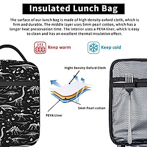 Black and White Dinosaur Skeleton Lunch Bag Insulated Lunch Box Cooler Tote with Shoulder Strap for Boys Girls Women Men