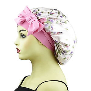 Silk Bonnets Satin Bonnet for Women Curly Hair Covers Large Sleep Hair Bonnets Sleeping Night Cap Silk Bonnet with Tie Band (Black + Pink Floral + Purple Floral)