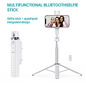 Ambertronix 40” Selfie Stick Tripod Quadrapod, Onboard Light, Wireless Bluetooth Remote, Extendable, Stainless Steel, 3 Light Modes, 9 Brightness Levels, Compatible with All iPhone & Android Devices