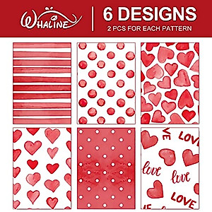 Whaline 12 Sheet Valentine's Day Wrapping Paper 6 Design Watercolor Love Heart Dots Wrapping Paper Red White Patterned Art Paper for Wedding Anniversary Baby Shower Birthday Gift Packing, 20 x 28 In