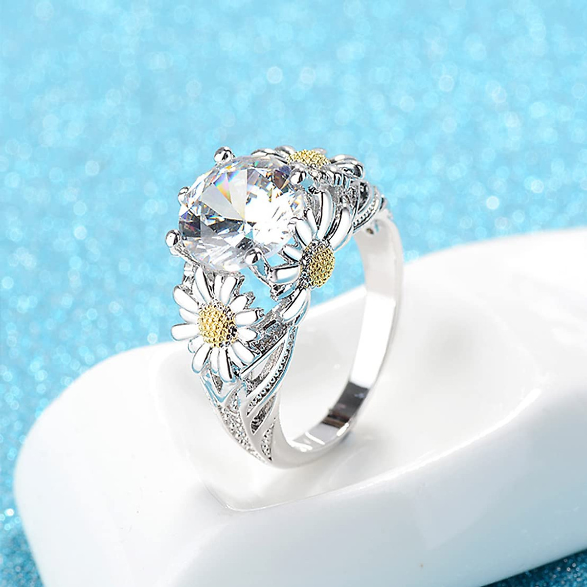 THJEW Womens Round Cut CZ Cubic Zirconia Ring,S925 Sterling Silver Dainty Cute Blooming Daisy Flower Floral Ring Jewelry for Women (Ring_C, 6)