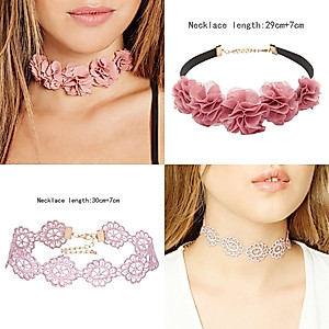 Tpocean 14 PCS Mothers Day Necklace Adjustable Lace Velvet Choker Pink Necklace Set with Charms Pendant Flower Blet Leather Choker Set for Women Girls