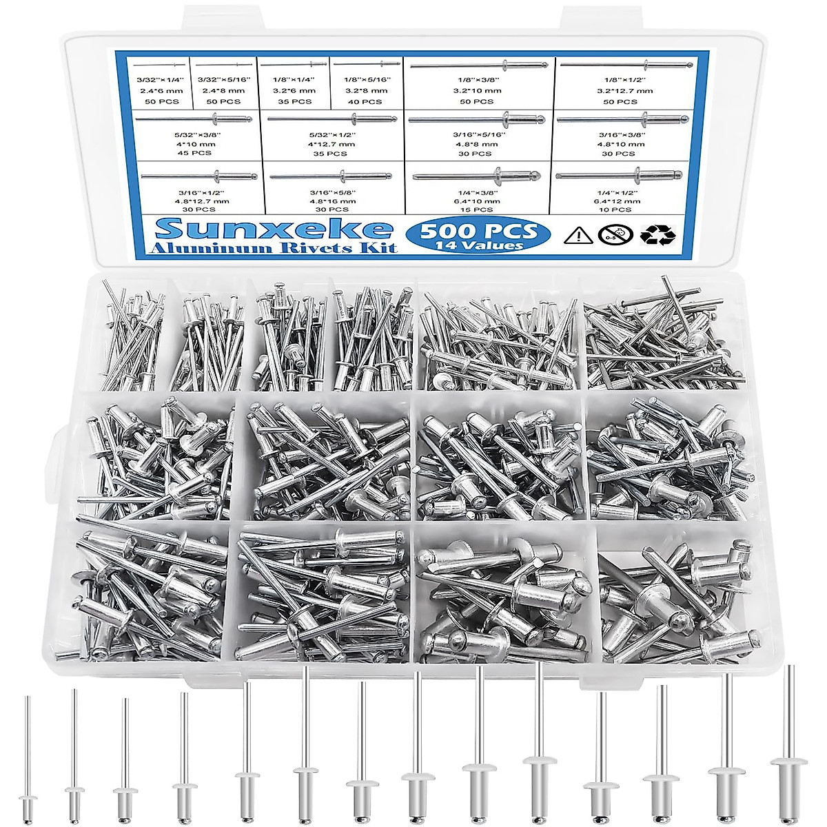 Sunxeke 500pcs Pop Rivets Aluminum Rivets Assortment Kit (3/32 1/8 5/32 3/16 1/4inch),14 Sizes Assorted Blind Rivets for Assembling RV,Furniture and Plastic Frame Windows(Silver)