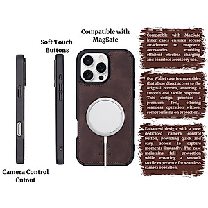 VENOULT Detachable Leather Wallet Case for iPhone 15 Pro, Man or Women Folio Cover, Compatible with Magsafe, RFID, Genuine Leather Card Holder Flip Case, Kick Stand (Chocolate Brown)