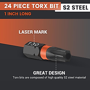 GURADESIGN 24-Piece Torx Bit Set, T5 - T40 Tamper Resistant Star Bits Set,Security Torx Bit Set, S2 Steel