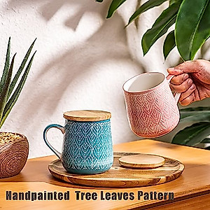 Taimei Teatime Coffee Mug with Lid Set of 2, 16.5 oz Ceramic Coffee Mugs with Handpainted Floral Pattern, Mugs Gift Set for Tea Lover, Woman and Couple, Microwave and Dishwasher Safe