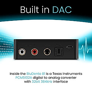 BluDento B1 Bluetooth Stereo Receiver, HD True Hi-Fi V5.1 Audio Receiver, Onboard TI DAC for Analog Stereo RCA Output with Long Range, Digital Coaxial and Optical Output with NFC Pairing Enables