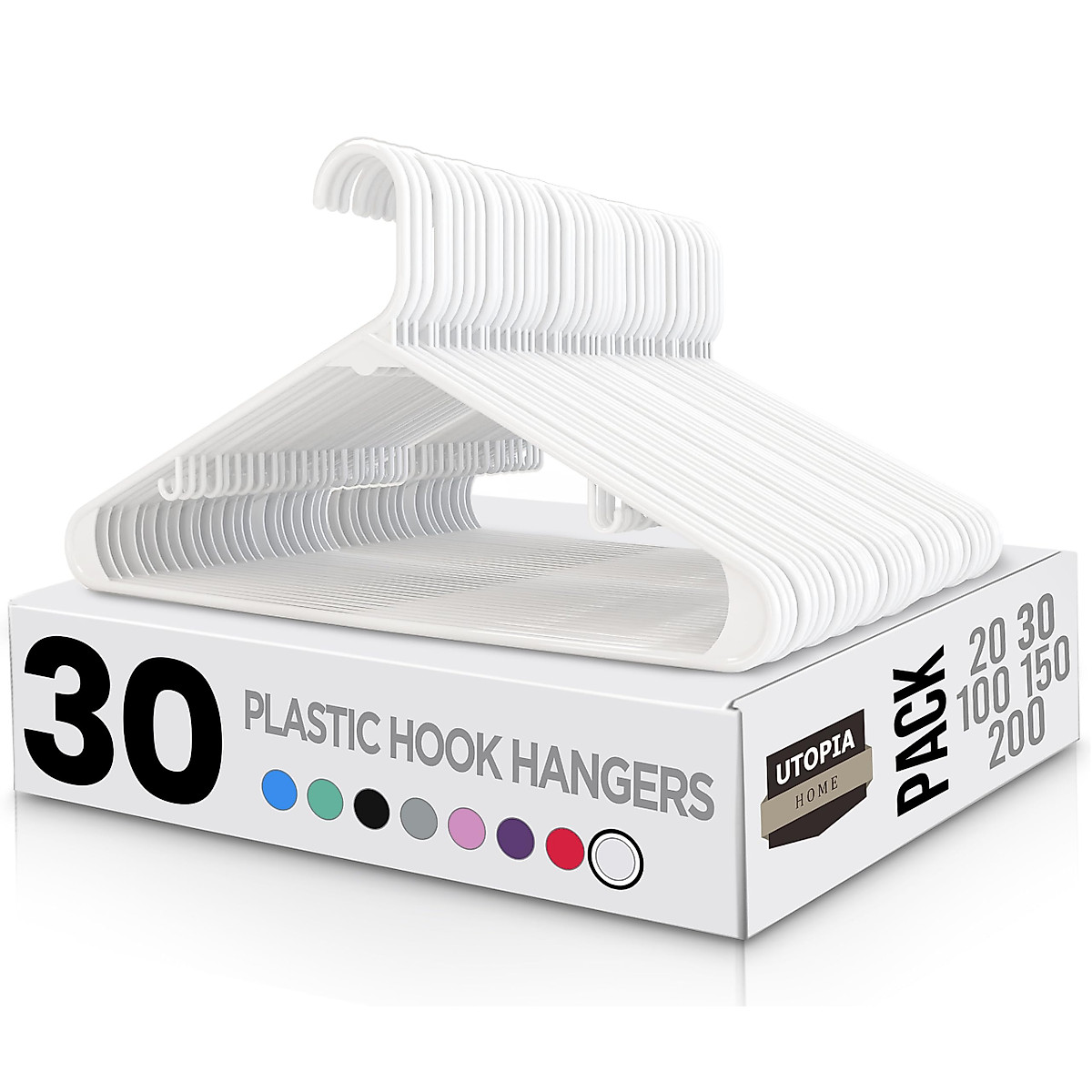Utopia Home Plastic Hangers 30 Pack - Clothes Hanger with Hooks - Durable & Space Saving Coat Hanger - Heavy Duty White Hangers for Coats, Pants, Dress, Etc.