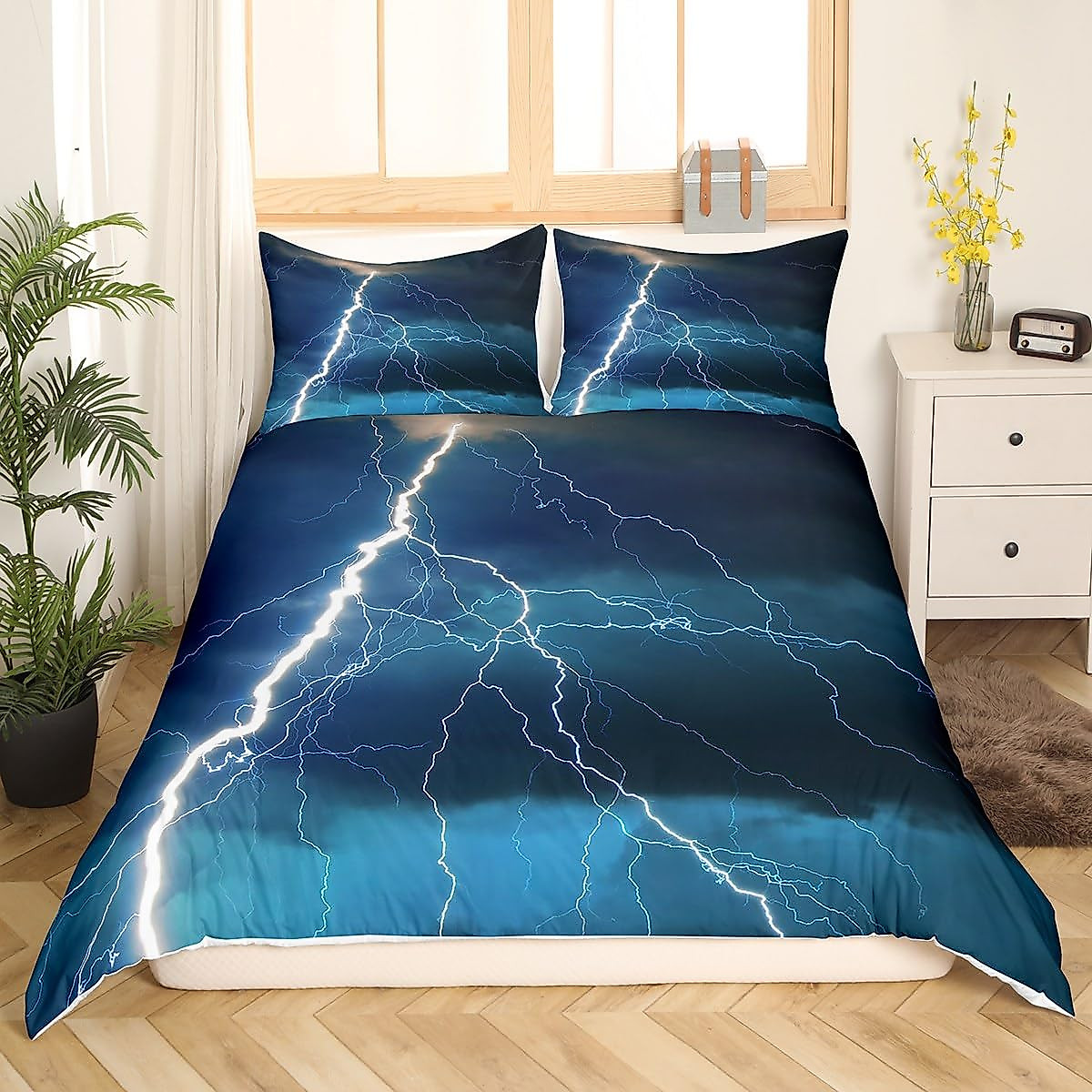 Castle Fairy Lightning Bedding Set,Lightning Storm Duvet Cover for Kids Teen Boys Girls,Blue and White Comforter Cover Decorative Room,Natural Weather Quilt Cover with 2 Pillowcases,Full Size