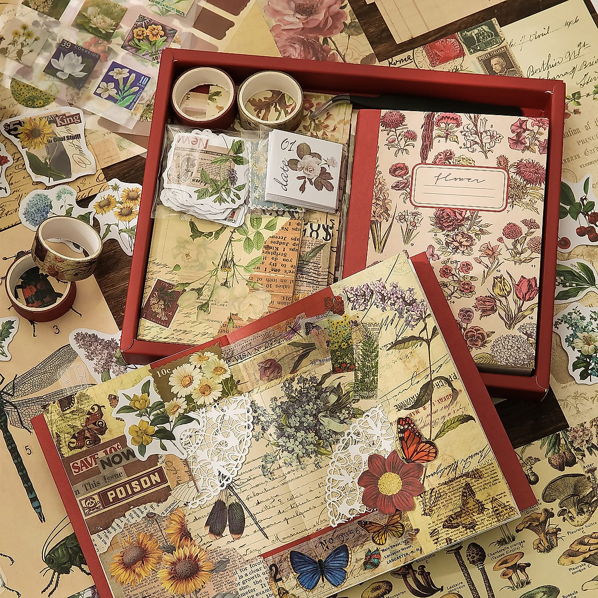 emmoolife Vintage Aesthetic Scrapbooking Supplies Kit, Flowers Botanical Bullet Junk Journal Kit with Journaling Supplies, Tweezers, A6 Grid Notebook,Stationery,Sticker, Birthday Craft Gift for Adult