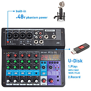 6 Channel Audio Mixer - Portable Digital Line Mixer Console Build-in 24 DSP Effects BT Function 48V Phantom Power for Karaoke Streaming by YOUSHARES
