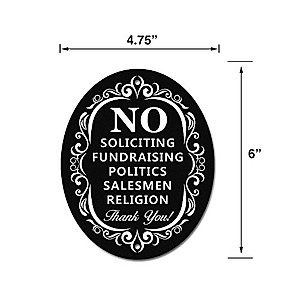 Signs Authority No Soliciting Signs for Home | 6"x 4.75" Dibond Aluminum | Sturdy and Durable Metal | Easy Installation | Laser Cut Oval Sign for Front Door of House | Private Property Signage (Black)