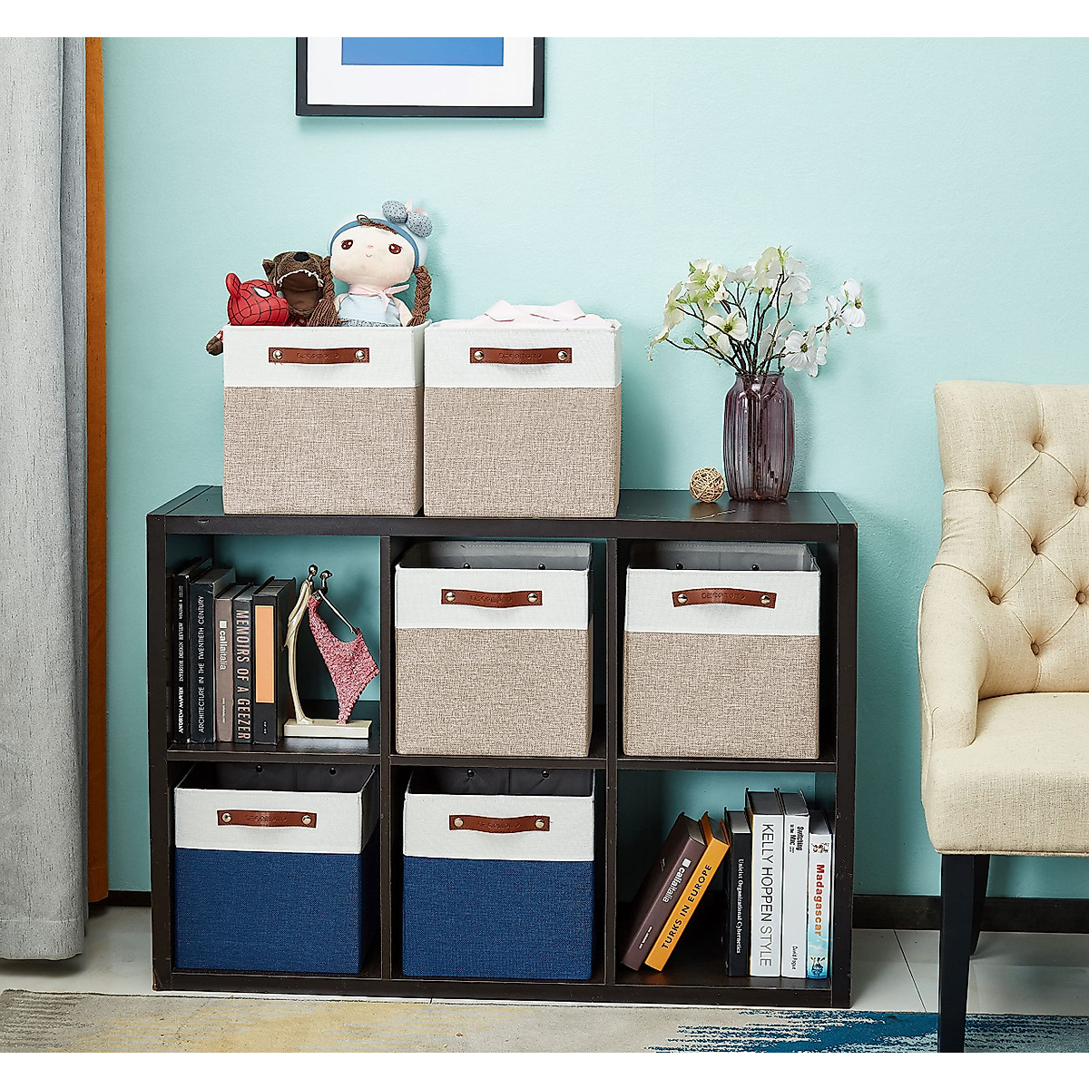 DECOMOMO Storage Baskets for Shelves 13x15x13 Closet Bins for Shelves, Baskets for Closet Organization Kallax Cubby Toy Storage (Beige and White, 3-Pack)