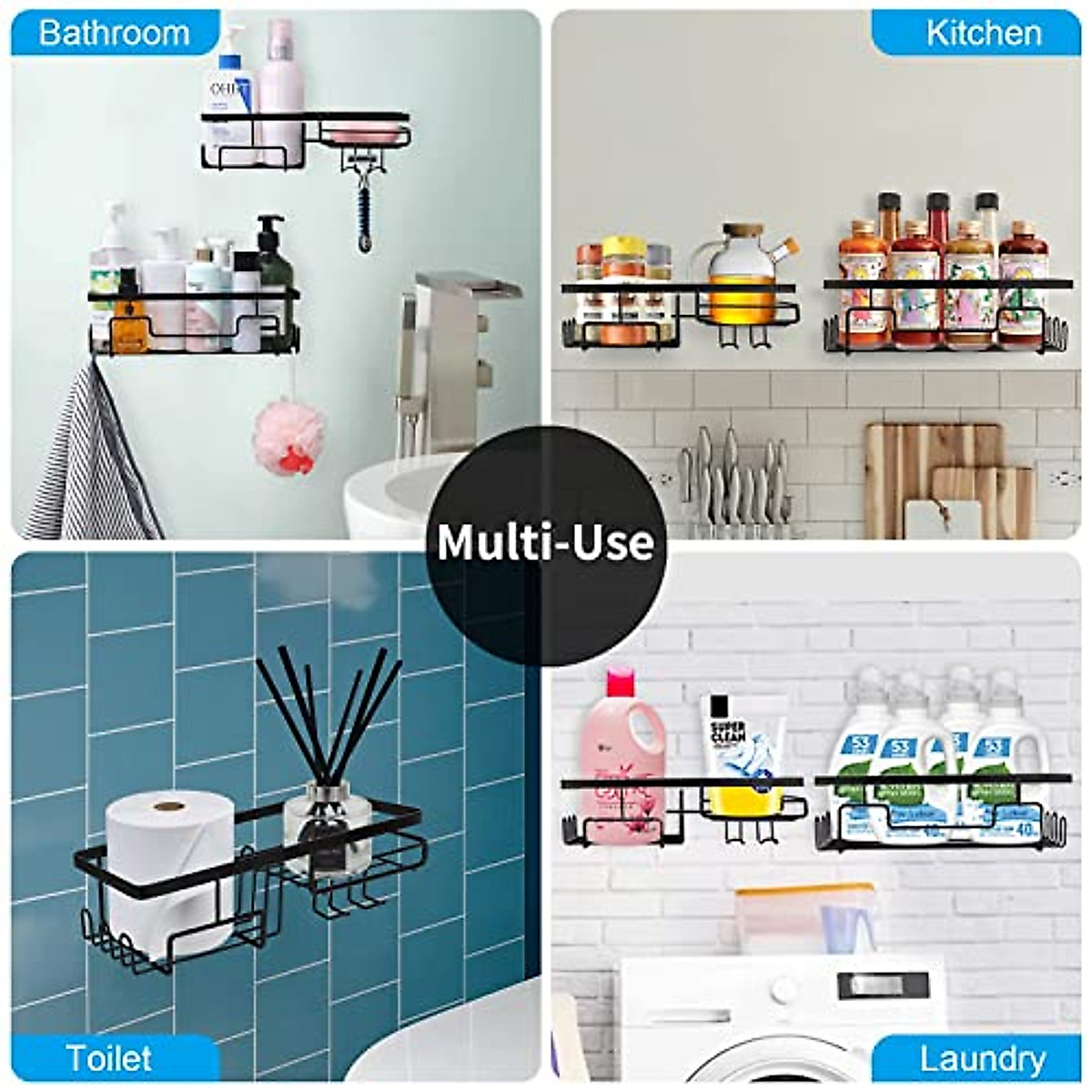 Shower Caddy 2 Pack with Soap Holder, Adhesive Shower Caddy Shelf with 11 Hooks, Wall Mounted Bathroom Shower 0rganizer Stainless Steel No Drilling Black Shower Rack Basket for Inside Shower, Kitchen