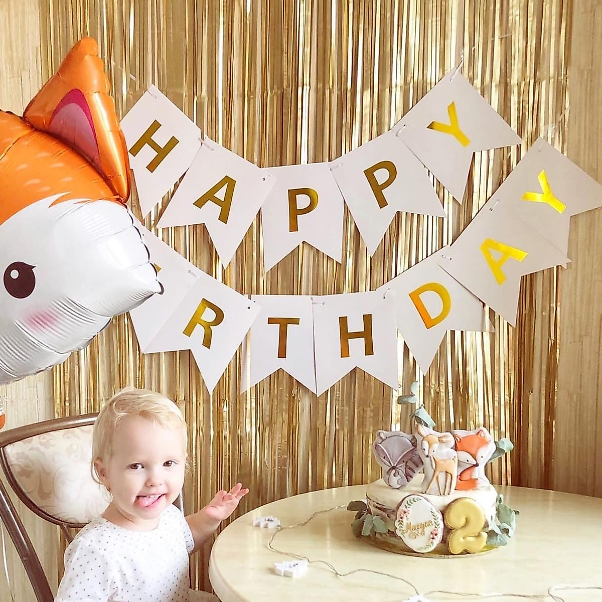White Happy Birthday Banner With Shiny Gold Letters, Swallowtail Design Hanging Signs Party Decorations