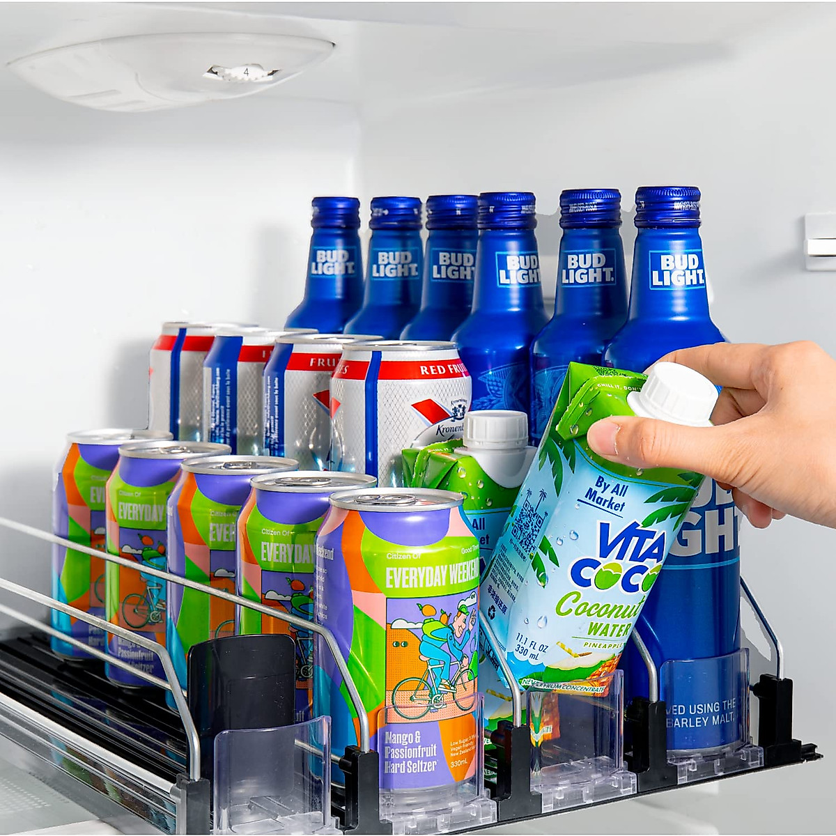 Rula Drink Organizer for Fridge, Self-Pushing Soda Can Organizer for Refrigerator, Pantry, Kitchen-Black, 8 Row