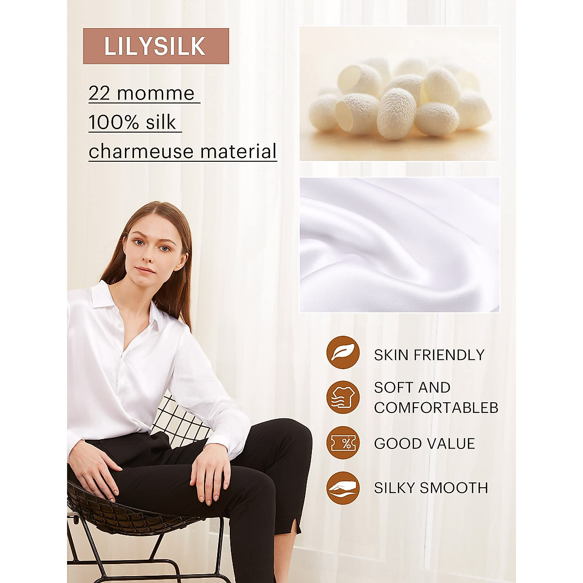 LilySilk Women's Silk Blouse 100% 22MM Silk Button-Down Shirt Long Sleeves Classic Timeless Top for All Seasons Casual Business, Natural White L