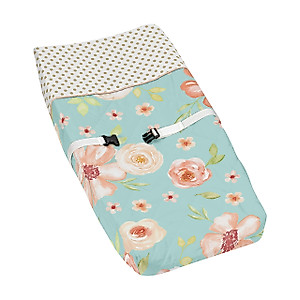 Sweet Jojo Designs Turquoise, Peach and Gold Changing Pad Cover for Watercolor Floral Collection - Pink Rose Flower