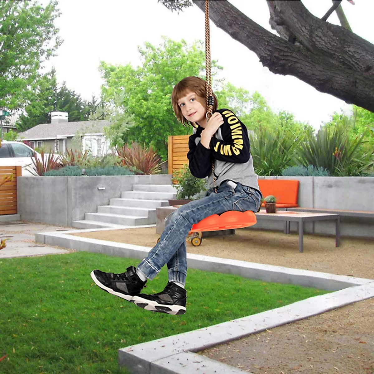 Sorbus Disc Seat Swing - Kids Monkey Rope Tree Zip Line Swings for Play Set, Tree, Outdoor Backyard, Playground Fun, Orange