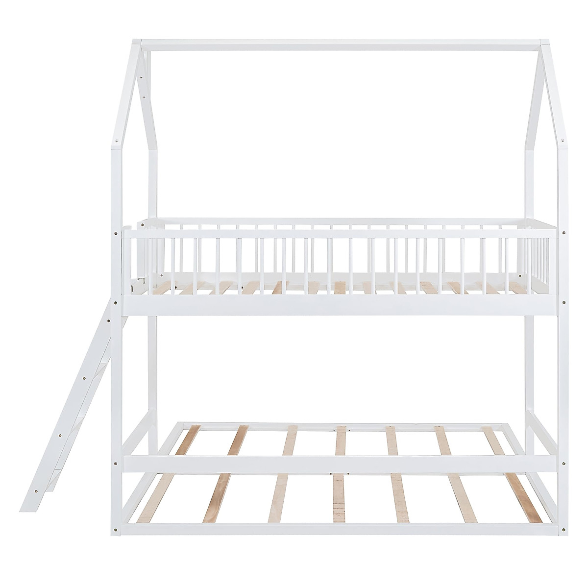 HABUHOME Twin Over Twin House Bunk Bed with Extending Trundle and Ladder, Wooden Bunk Bed Frame for Kids Teens Girls Boys - White