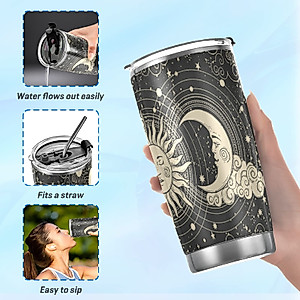 Yasala Tumbler Boho Moon Sun Cloud Star Insulated Coffee Cup Beverage Container Travel Mug with Straw and Lid Double Wall Stainless Steel 20oz BPA-Free for Sport, Back to School