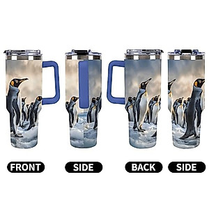 LLUTSNTH 40 Oz Vacuum Tumbler with Deep Blue Handle Leakproof Insulated Tumbler Sea Penguin Stainless Steel Travel Mug with Lid And Straw Coffee Cup Cute Water Bottles Cup Holder Friendly