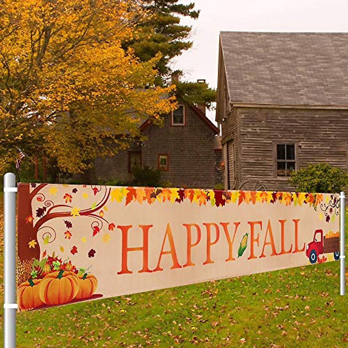 Large Happy Fall Banner, Fall Decorations, Thanksgiving Decor, Fall Maple Leaves Pumpkin Banner, Autumn Fall Party Outdoor & Indoor Decor Supplies(8.2 x 1.5 FT)