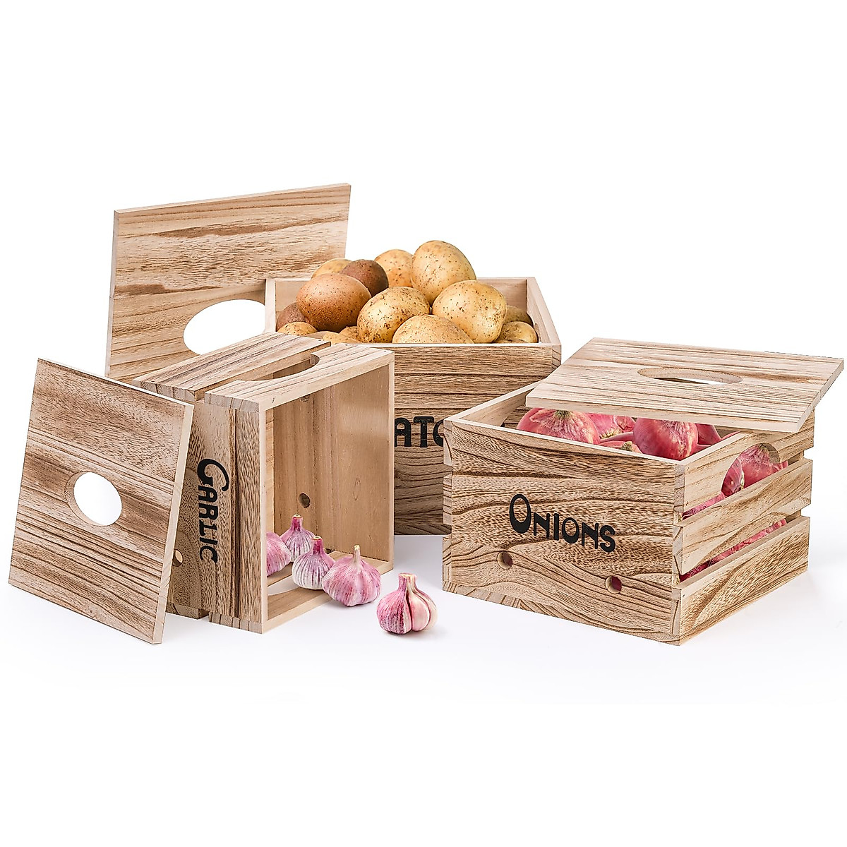 Frcctre 3 Pack Vegetable Storage Bins, Farmhouse Potato Onion Garlic Kitchen Storage Canisters Set, Wooden Stackable Vegetable Keeper with Lid and Aerating Holes for for Pantry Organization