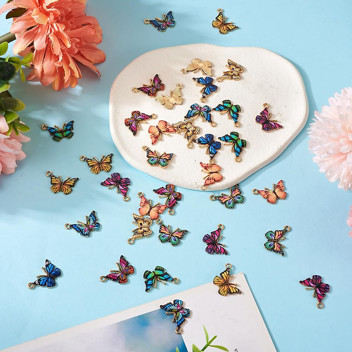 Boutigem 36pcs Colorful Butterfly Enamel Charms Insect Butterfly Shape Metal Charms Light Gold Plated Alloy Enamel Pendants for Necklace Bracelet Earring DIY Jewelry Making Acessories