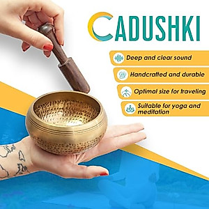 Cadushki Tibetan Singing Bowl Set: 2 Sound Bowls 4.5 inches & 3.3 inches, a Mallet, 2 Cushions and a Nepal Cloth Bag. Meditation Singing Bowl is Suitable for Meditation, Yoga, Healing and Silent Mind