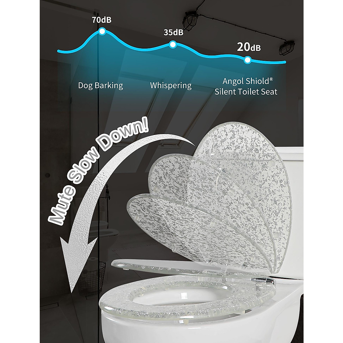 Angol Shiold Resin Round Toilet Seat Glitter Silver, Slow Quiet-Close Heavy Duty Acrylic Toilet Seats for Standard Toilets, Easy Installation & Cleaning (Round 17", Silver Foil, Upgraded hinge)