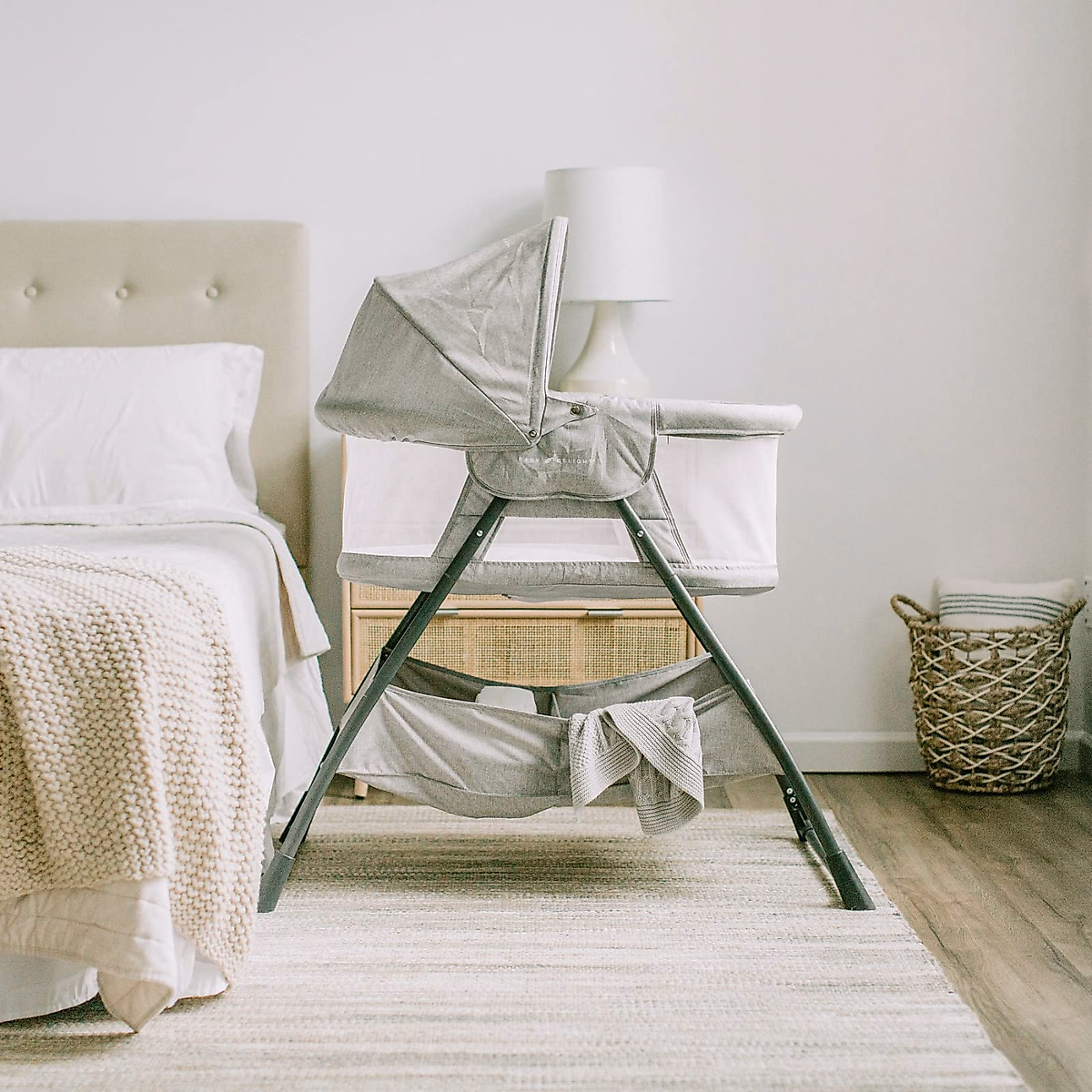 Baby Delight Beside Me Doze Deluxe Baby Bassinet, Bedside Sleeper, Foldable, Removeable Canopy, Pebble Grey