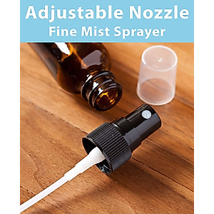 JUVITUS 1 oz Amber Glass Boston Round Bottle with Black Fine Mist Sprayer (12 pack) + Funnel