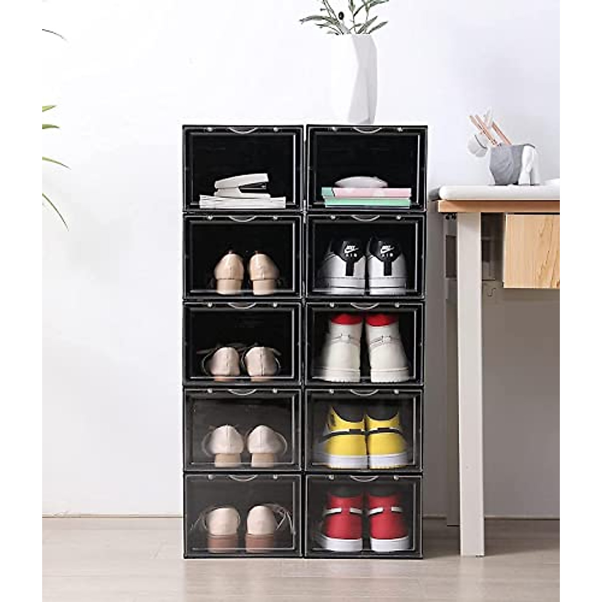 Yunge Drop Front Shoe Box,Set of 6, Stackable Plastic Shoe Box with Clear Door,Shoe Organizer for Display Sneaker, Easy Assembly,Fit up to US Size 14(11.02"x 13.97" x 8.66") Black