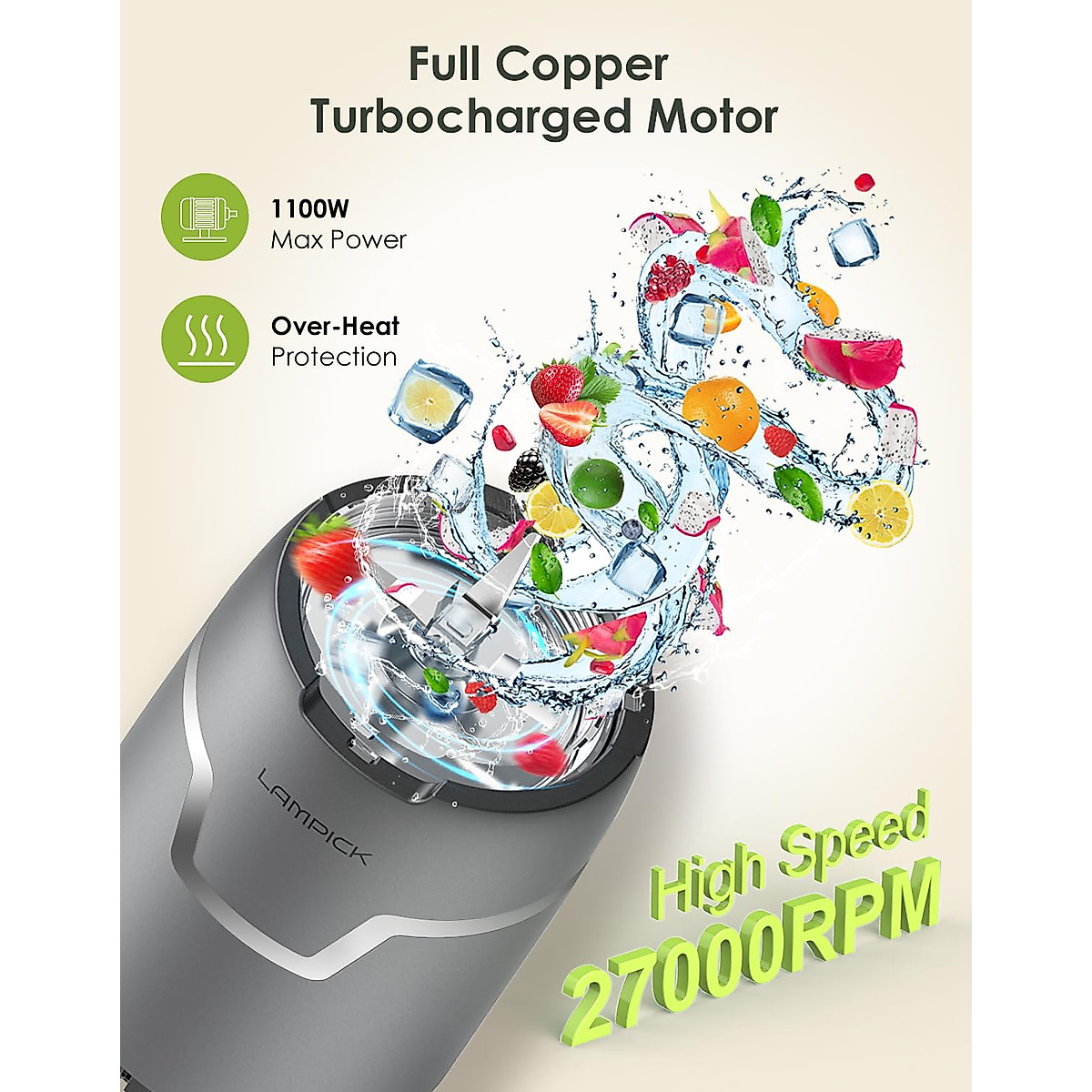 LAMPICK Smoothie Blender, 1100W Personal Blender for Shakes and Smoothies, Blenders and Grinder Combo for Kitchen with 2*27 Oz To-Go Cup & 10 Oz Grinding Cup for Protein Shake, Baby Food, Frozen Drink