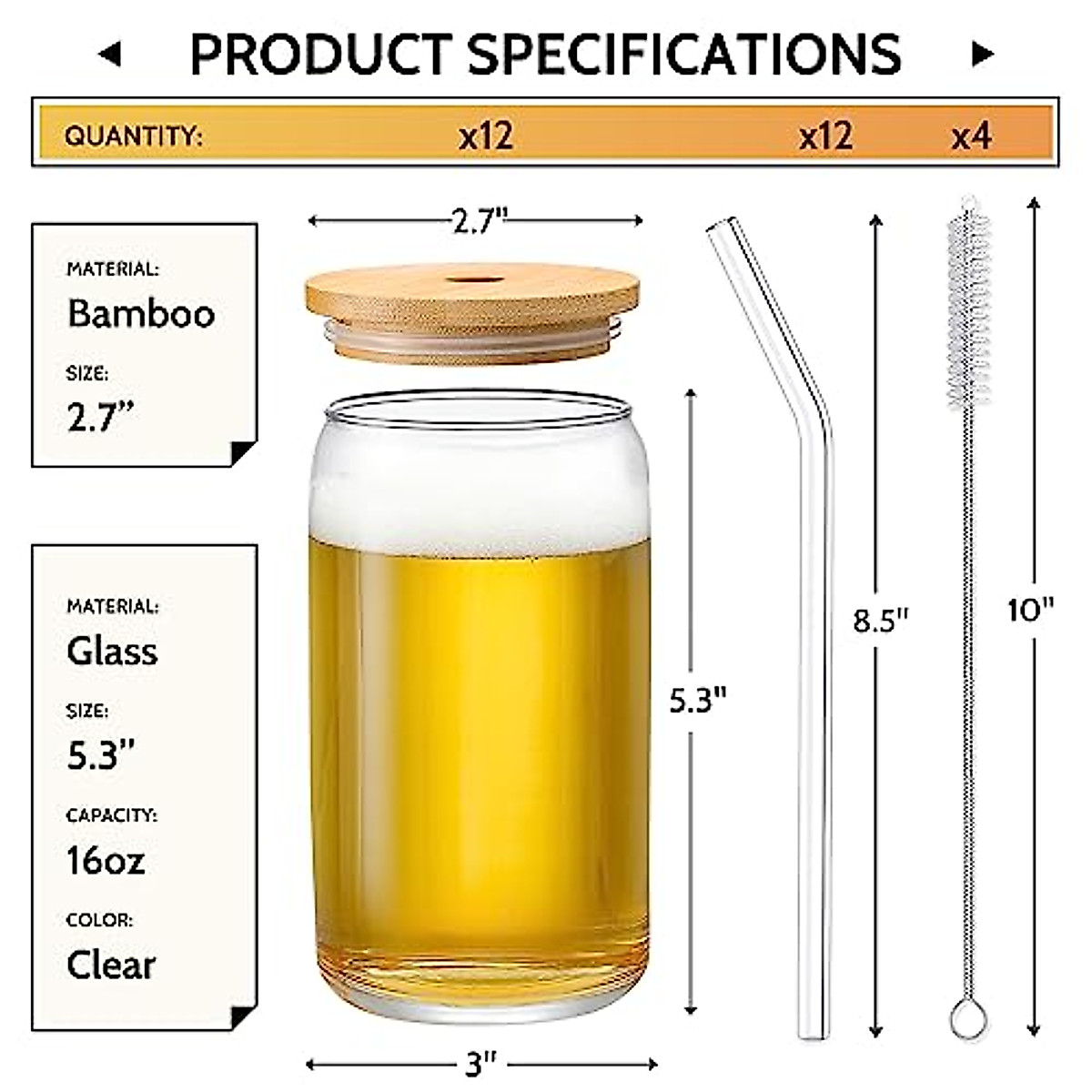 [ 12pcs Set ] Glass Cups with Bamboo Lids and Glass Straw - Beer Can Shaped Drinking Glasses, 16 oz Iced Coffee Glasses, Cute Tumbler Cup for Smoothie, Boba Tea, Whiskey, Water - 4 Cleaning Brushes