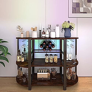 Wine Rack Table with Socket and LED Light 47.3 Inch Wood Coffee Bar Cabinet Detachable with Adjustable Wine Rack, FreeStanding Wine Bar Rack, Sideboard and Buffet Cabinet for Liquor and Glasses