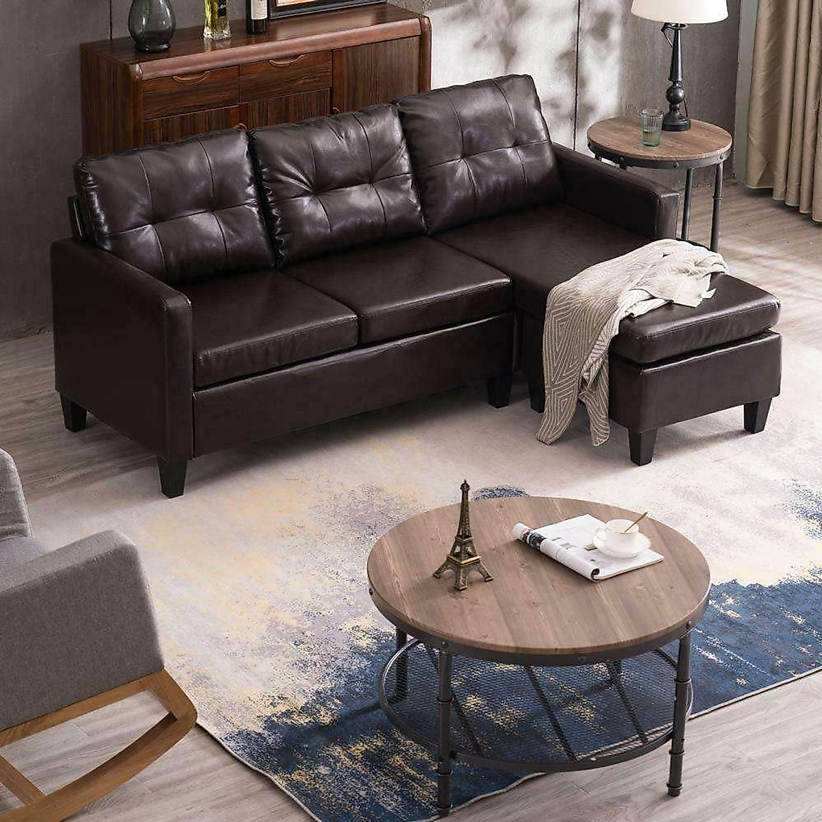 TNHS Convertible Sectional Sofa Couch Faux Leather L-Shaped Home Furniture with Cushion Brown TNHS Sofa Sofa Bed Sleeper Sofa Sectional Sofa Couches for Living Room Sofas for Living Room