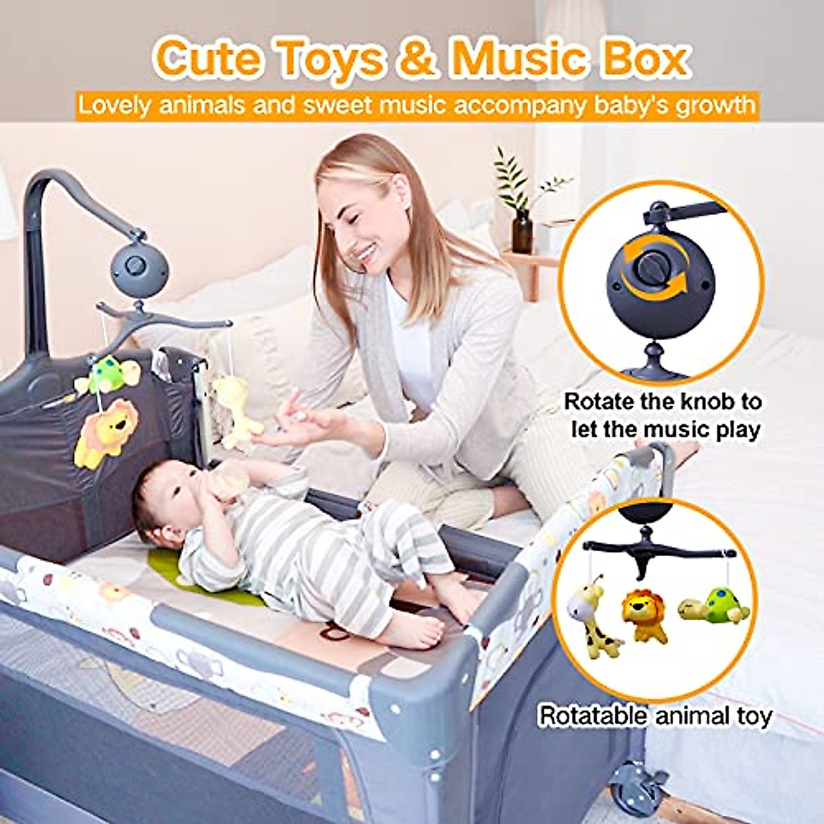 SKIH 5 in 1 baby bedside Sleeper, Bassinet with Toys & Music Box, Mattress, Foldable Playard, Portable Travel crib for Girl Boy Infant Newborn (Grey)