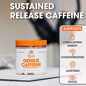 Genius Caffeine Pills 100mg, Extended-Release Microencapsulated Caffeine Pills - All-Natural Non-Crash Sustained Energy, Focus & Concentration Supplement - Nootropic Brain Booster - 100 Capsules