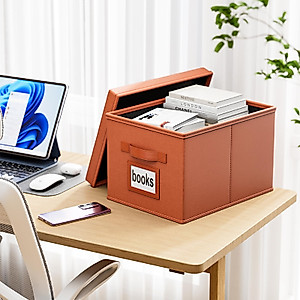 Huolewa Upgraded File Organizer Boxes Set of 2, File Boxes with Lids, Linen Hanging File Organizer Boxes for Document Letter/Legal File Folder Storage, Small Filing Boxes Cabinets for Office/Home
