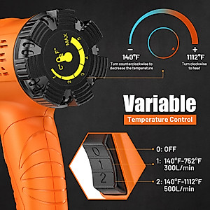 SEEKONE Heat Gun 1800W Heavy Duty Hot Air Gun Kit Variable Temp Control with 2-Temp Settings 7 Accessories 140℉-1112℉（60℃- 600℃）with Overheat Protection for Crafts, Shrinking PVC, Stripping Paint