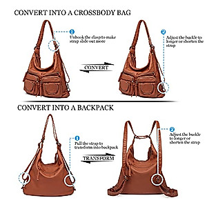 handbags & shoulder bags for woman super soft washed PU leather hobo bags multiple use woman's cross body bag backpack (Brown)