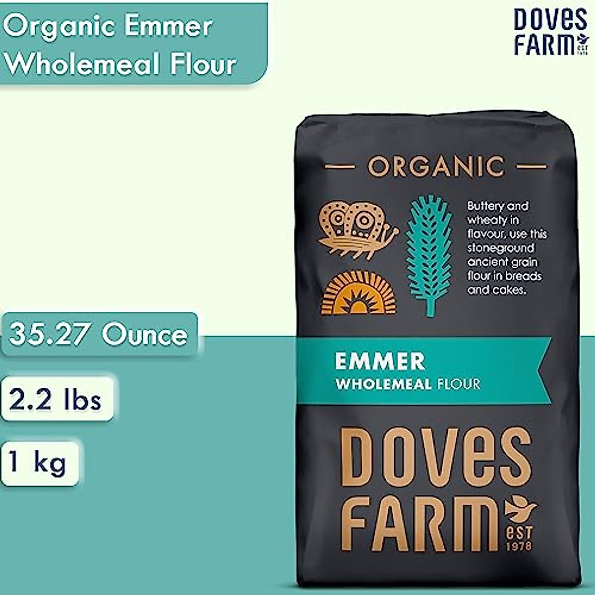 Doves Farm Organic Whole-meal Emmer Flour | 1Kg | Premium Stoneground Flour from Nutrient-rich Emmer Wheat | Perfect for Healthy and Tasty Baking Recipes