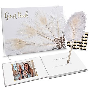 Vijiv Personalized Wedding Guest Book for Wedding Reception Signs, Bridal Baby Shower, Peacock Feather Hardcover Guestbook for Table Decoration Engagement Birthday Party Event, Photo Corners and Pen