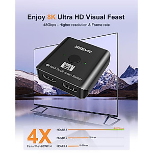 SGEYR HDMI Switch, 8K HDMI Switcher 2 in 1 Out,HDMI 2.1 Switch Selector,Aluminum HDMI 2.1 Splitter Bi-Directional Ultra HD, Support 8K@60Hz,48Gbps, Compatible with PS5/4,Xbox,Roku